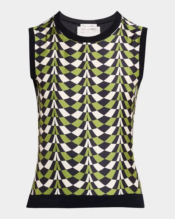 Oscar De La Renta Geo Print Silk Insert Knit Tank Top - Fern Multi