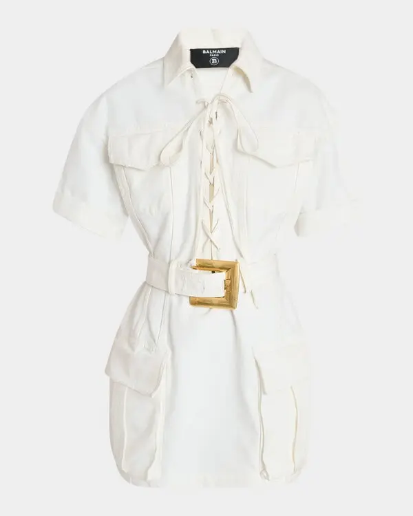 Balmain Lace-up Mini Shirtdress With Belt - Off White