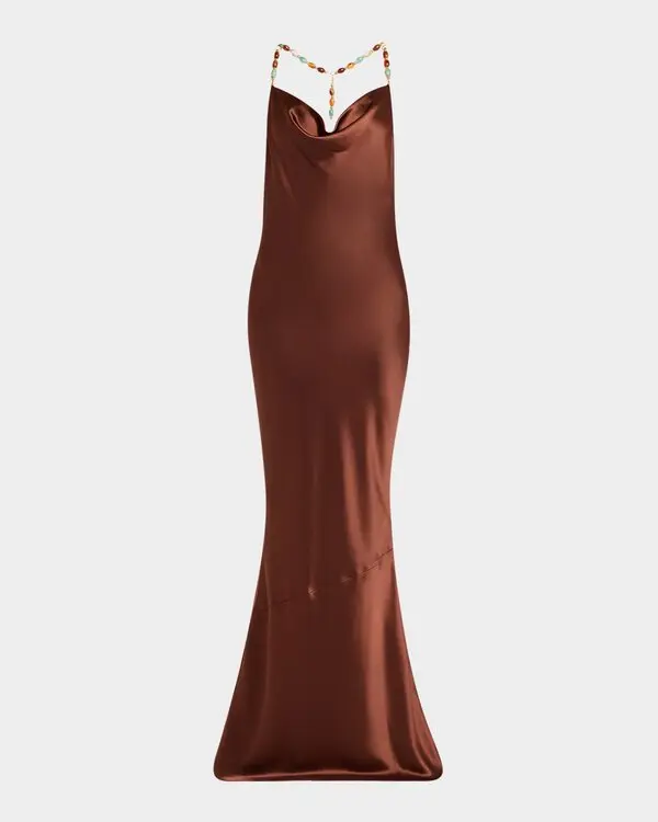 Retrofete Finley Beaded Satin Slip Gown - Chestnut