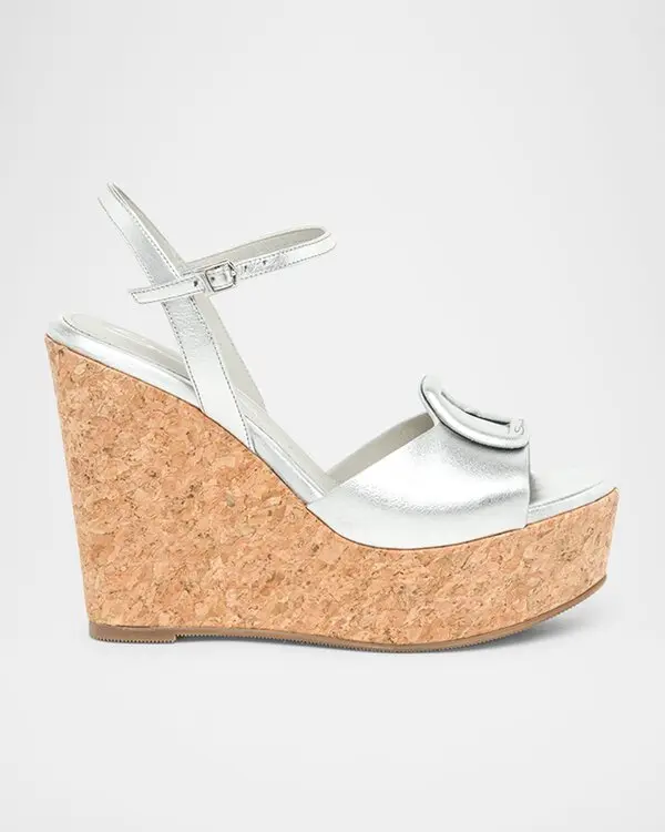 Santoni Nizza Metallic Buckle Wedge Platforms - Silver