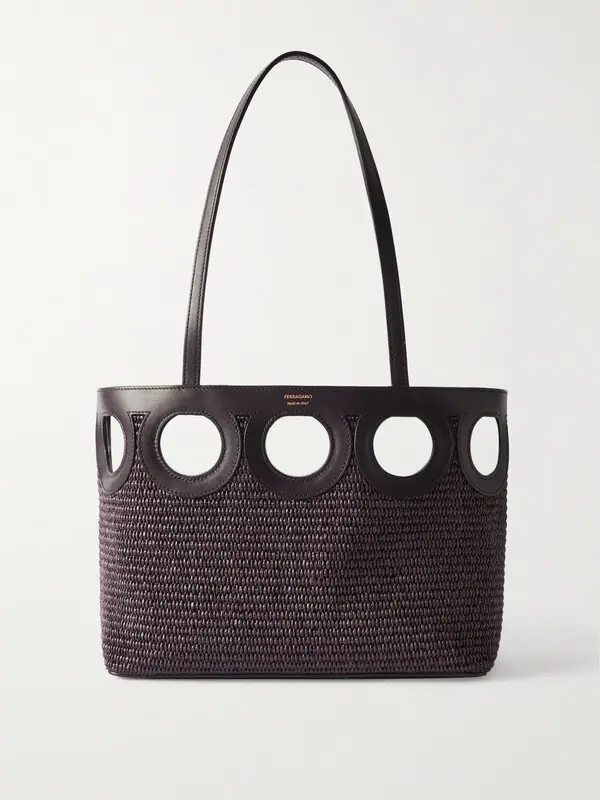 FERRAGAMO Leather-trimmed Raffia Tote - Brown