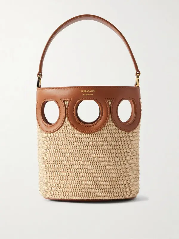 FERRAGAMO Leather-paneled Raffia Tote - Neutrals