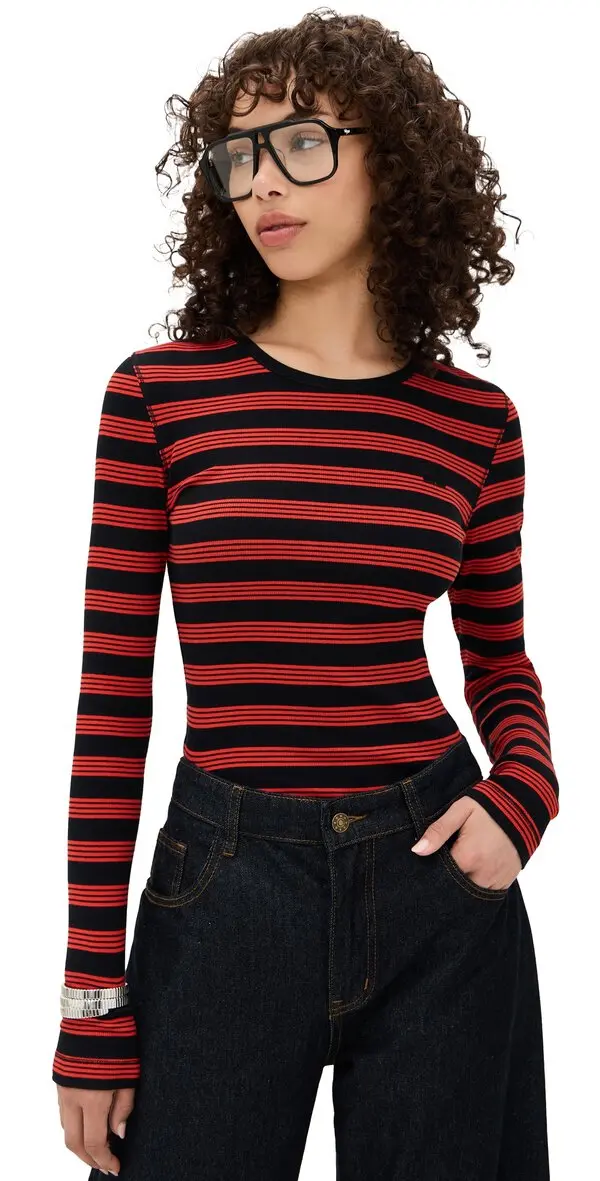 GANNI Striped Long-sleeve Ribbed Tee - Red Alert