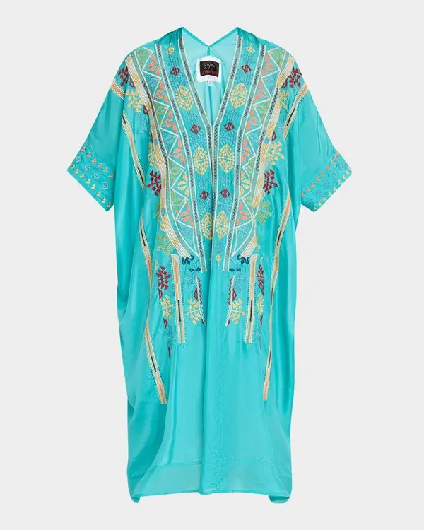 Johnny Was Kendry Geometric-embroidered Silk Midi Kaftan