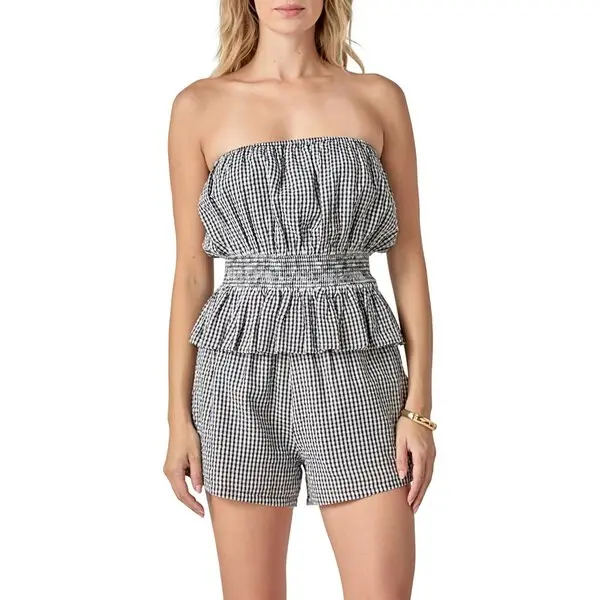 English Factory Gingham Strapless Peplum Top