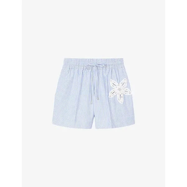 Sandro Flower-embroidered Striped Stretch-cotton Shorts - Bleus