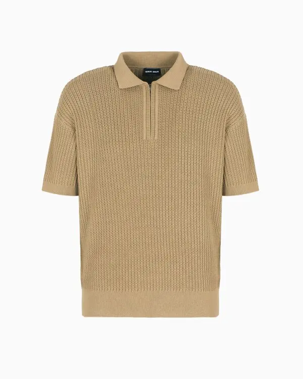 Giorgio Armani Short-sleeved Polo Shirt In A Ribbed Viscose Blend - Beige