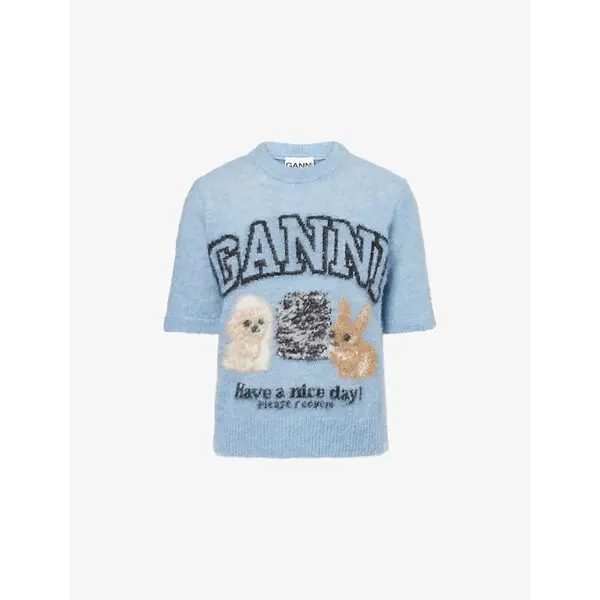 GANNI Logo Puppies Wool-blend Knit Top - Soft Chambray
