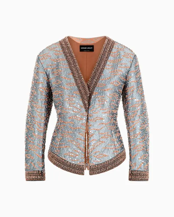 Giorgio Armani Embroidered Silk Blend Short Jacket - Patterned