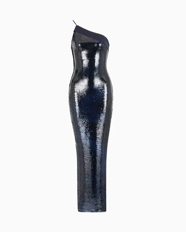 Giorgio Armani One-shoulder Long Sequin-embroidered Tulle Dress - Patterned