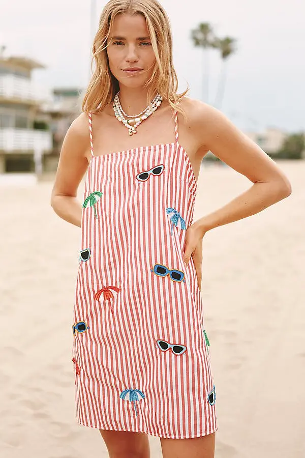 CELANDINE Embroidered Poplin Square-neck Mini Shift Dress