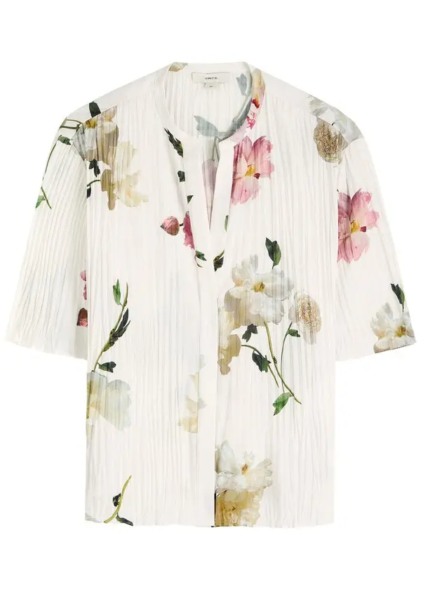 Vince Floral-print Plissé Satin Blouse