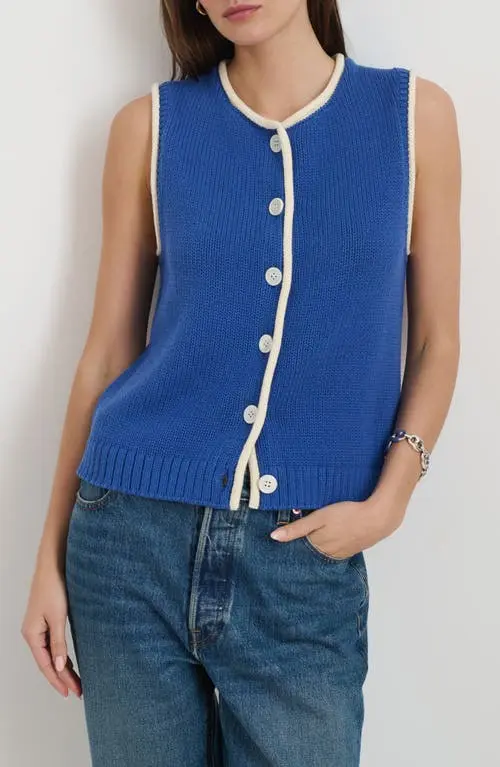 ALEX MILL Bridget Tipped Cotton Vest - Cosmic Blue/ Ivory
