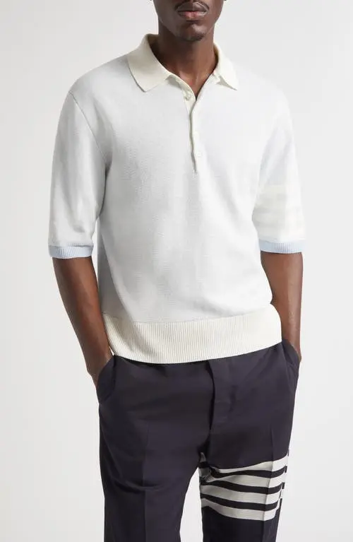 Thom Browne Relaxed Fit 4-bar Textured Stripe Linen & Cotton Polo Sweater