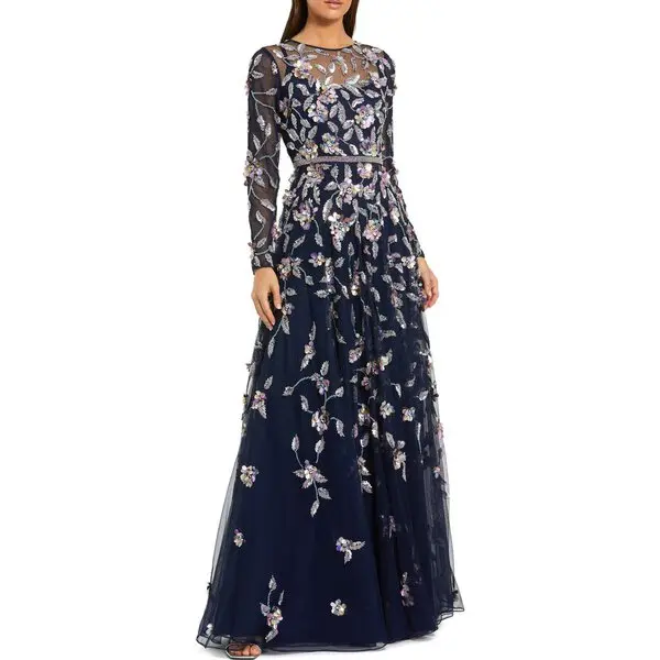Mac Duggal Long Sleeve Mesh Gown With Floral Detail
