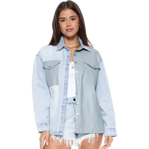 BLUE REVIVAL Denim And Leather Mix Shacket - Dusty Blue / Maui