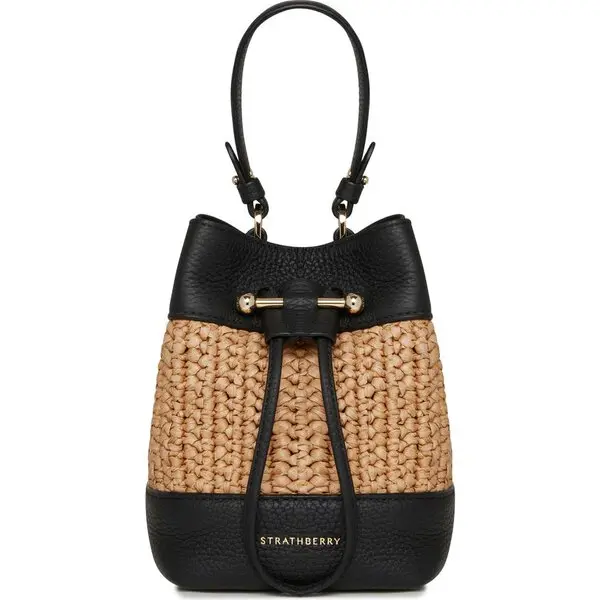 Strathberry Lana Osette Raffia & Leather Bucket Bag - Black