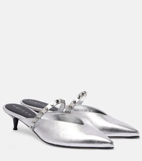 Alexander McQueen Embellished Metallic Leather Mules
