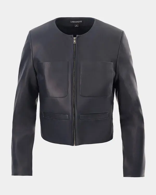 Lamarque Linette Cropped Lamb Leather Jacket In Navy 50% Off
