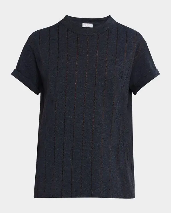 Brunello Cucinelli Striped Sequin Cotton Jersey T-shirt - C7186 Blue