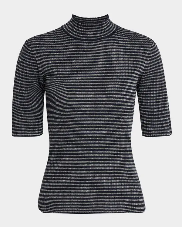 Brunello Cucinelli Shimmering Striped Rib Cashmere Mock-neck Sweater - Cgs61 Midnight