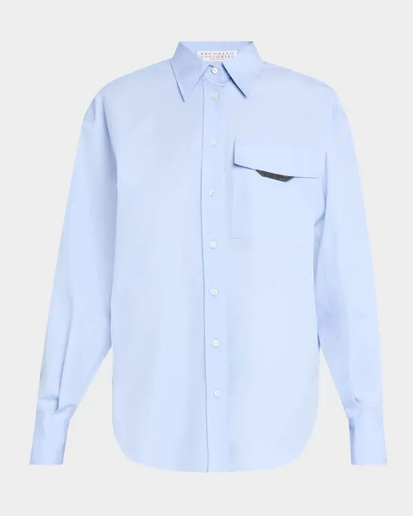 Brunello Cucinelli Matte Poplin Shirt With Monili Flap Pocket - Cloud