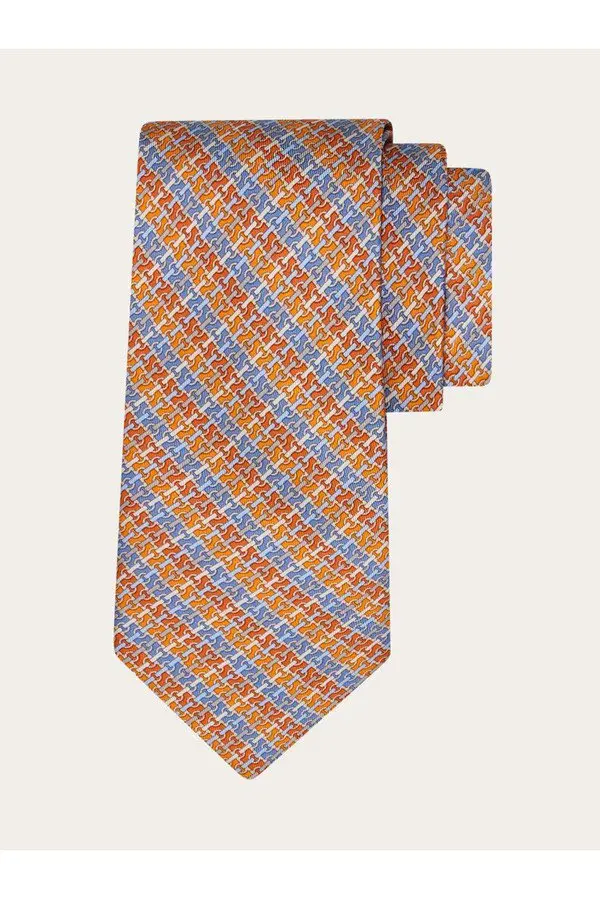 FERRAGAMO Gancini Chain Print Silk Neck Tie - Orange