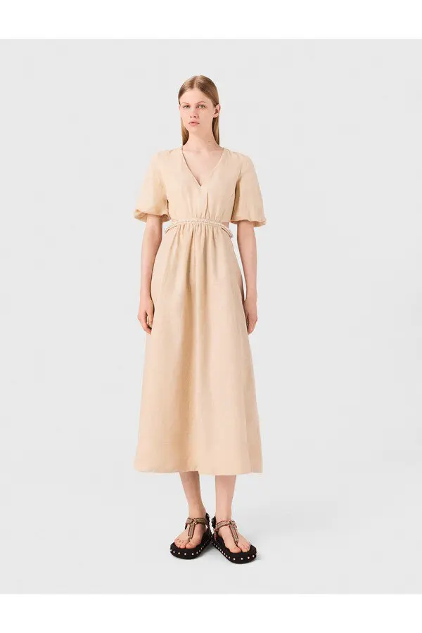 Maje Linen Maxi Dress With Beaded Waist - Brown / Neutral