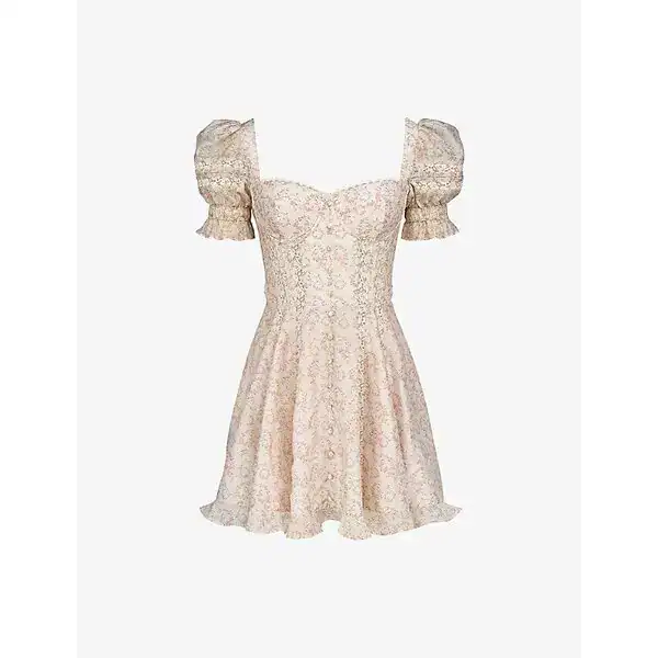 House of CB Melita Puff-Sleeve Mini Dress - Cream Floral Print