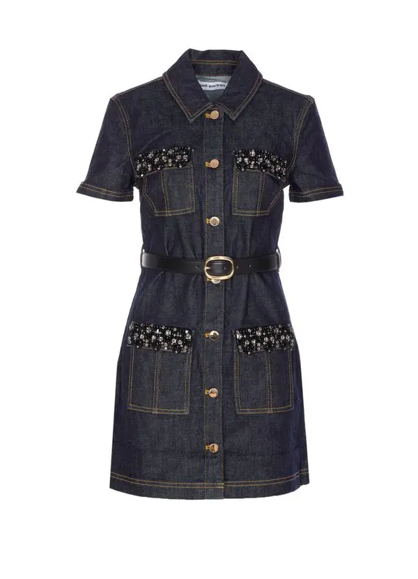 SELF-PORTRAIT Denim Mini Dress With Crystal Trim - Blue