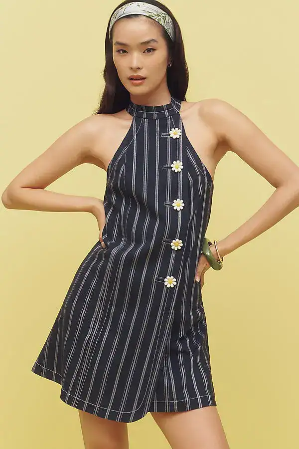 navy blue dress for baby girl Maeve Halter Button-Front Mini Dress In Navy Stripe - 58% Off