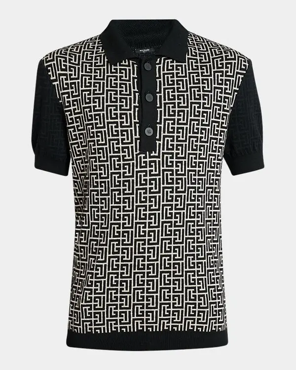 Balmain Cotton Color Block Monogram Knit Polo Shirt