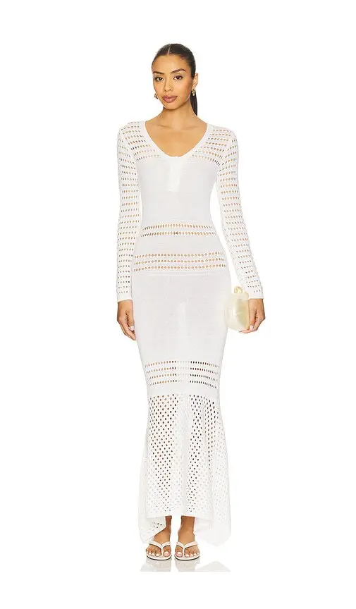Matthew Bruch Striped Mesh Handkerchief Midi Dress - White Knit