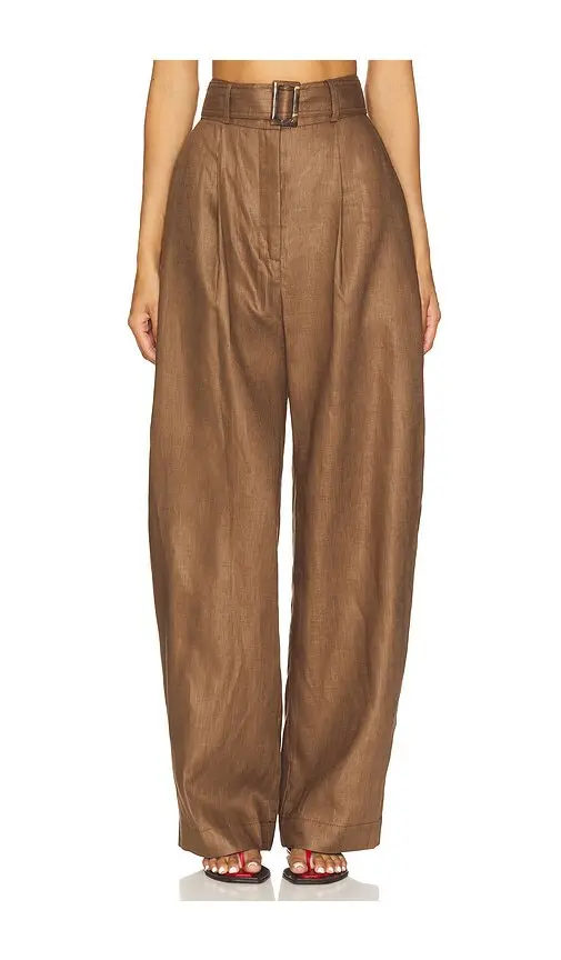 Matthew Bruch Pleated Barrel Trouser - Brown Linen