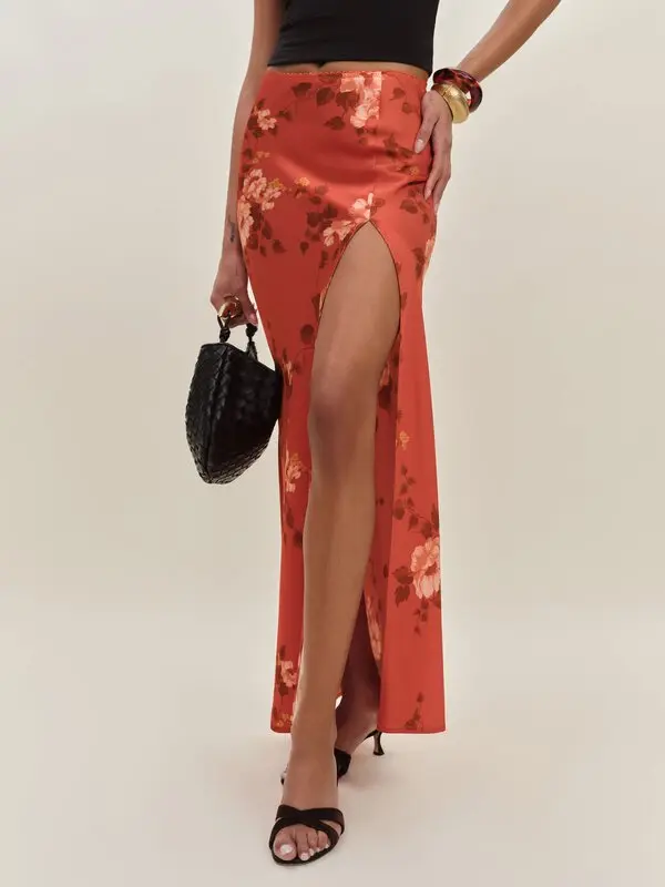 REFORMATION Petites Layla Satin Maxi Skirt With Slit - Coral Bloom