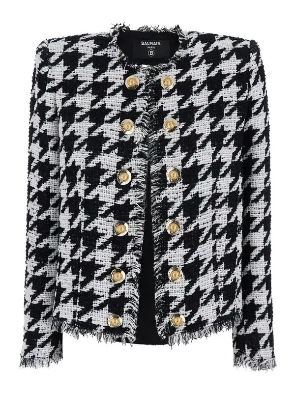 Balmain Checked Cotton Blend Spencer Jacket With Fringed Hem - Multicolor
