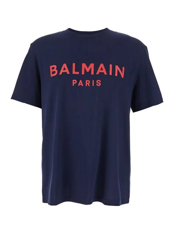 Balmain Crewneck T-shirt With Logo Lettering Print On The Front In Cotton - Blue