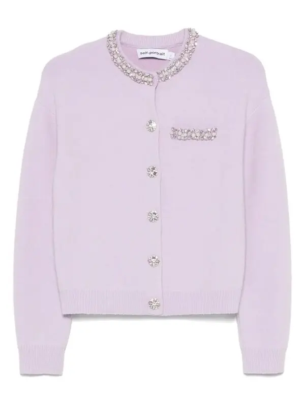 SELF-PORTRAIT Pearl Trim Ribbed Knit Cardigan - Multicolor