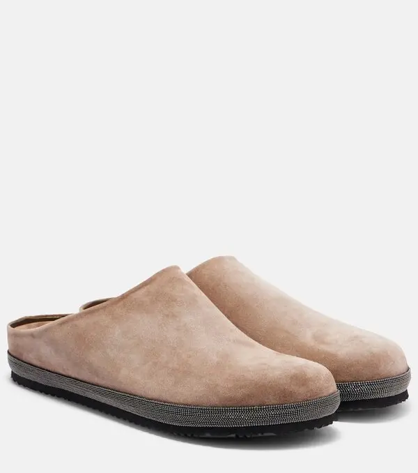 Brunello Cucinelli Monili Suede Clogs - Beige