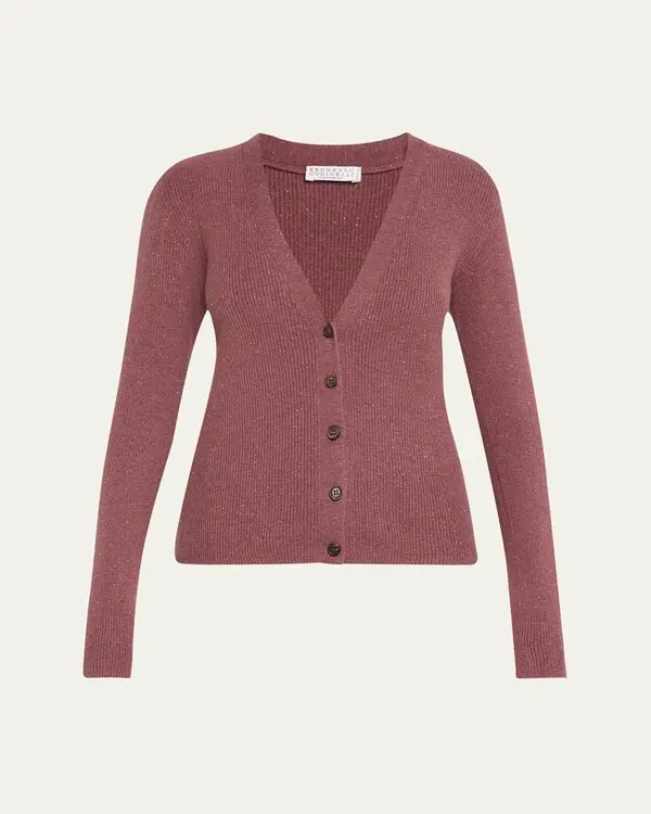Brunello Cucinelli Stretch Lurex Ribbed Cashmere Cardigan - Mauve