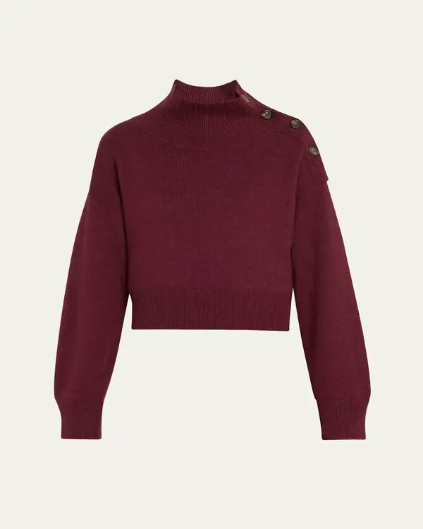 Brunello Cucinelli Turtleneck Button-shoulder Cashmere Crop Sweater - Bordeaux