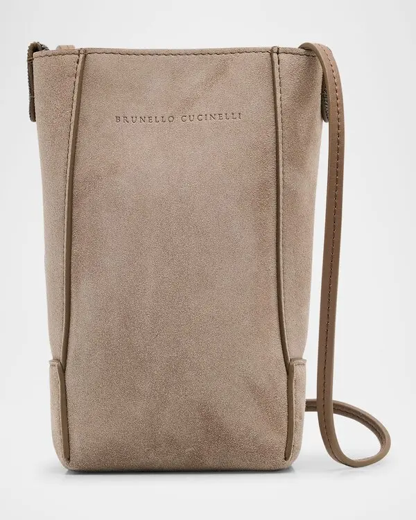 Brunello Cucinelli Suede Phone Crossbody Bag - Ice