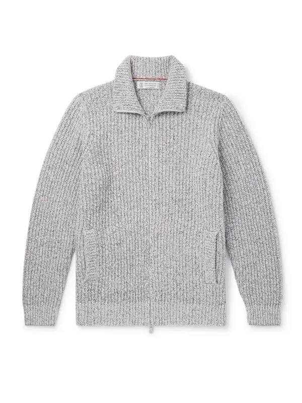 Brunello Cucinelli Ribbed Wool, Silk, And Cashmere-blend Zip-up Cardigan - Neutrals