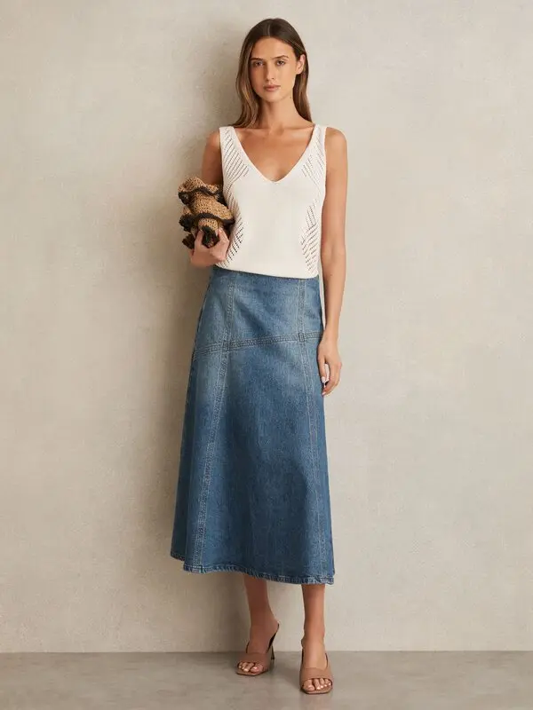 REISS Denim Panelled Midi Skirt