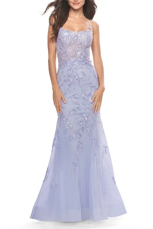 LABOMME Mermaid Tulle Gown With Sequin Lace Applique