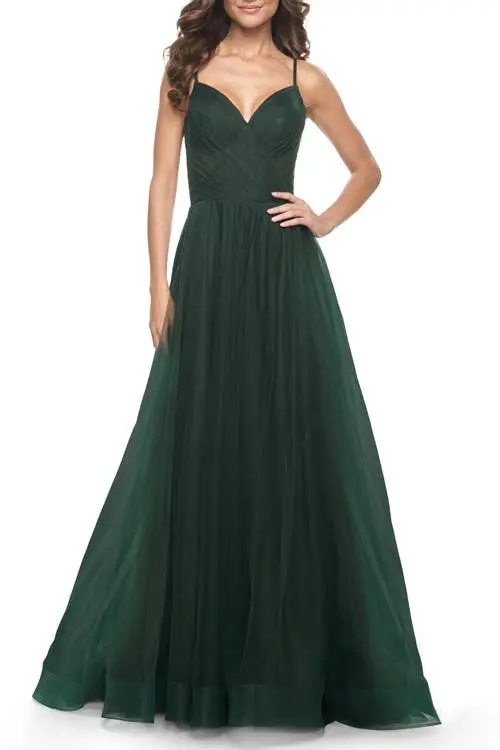 LABOMME Tulle A-line Gown With Ruched Bodice - Emerald