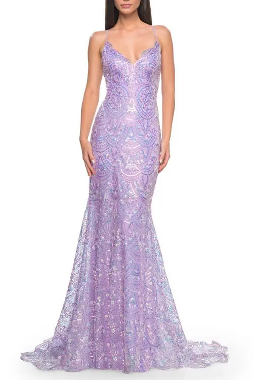 LABOMME Sequin Mermaid Dress With Lace Up Back - Light Periwinkle