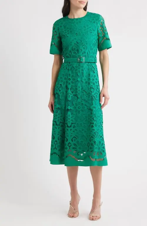 Elie Tahari Gaia Belted Lace Midi Dress