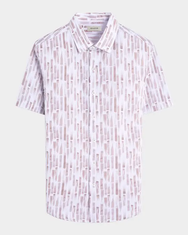 Bugatchi Orson Seersucker Geometric Short-sleeve Shirt - Camel