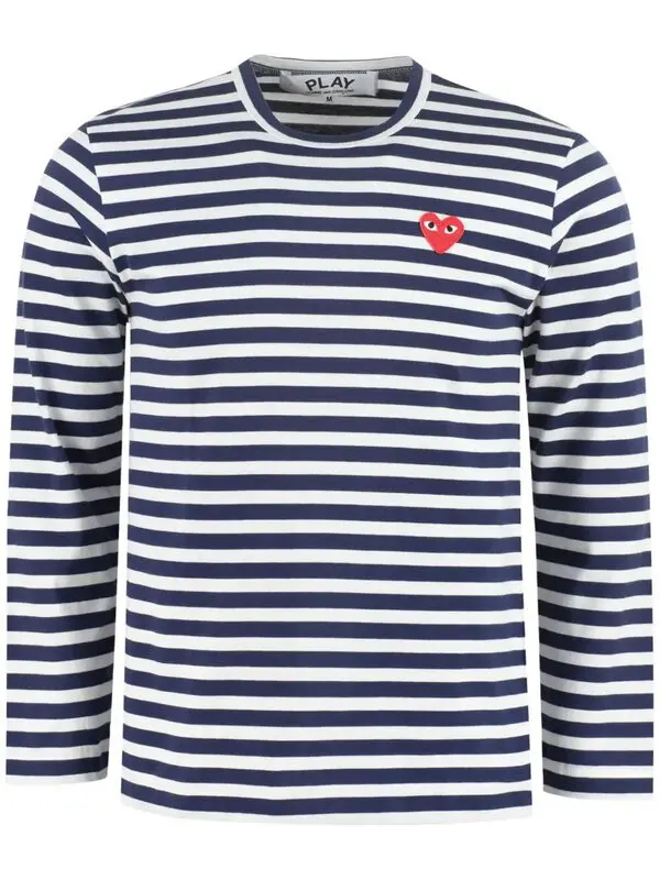 Play Comme Des Garcon Heart Long Sleeved Striped T-shirt - Blue